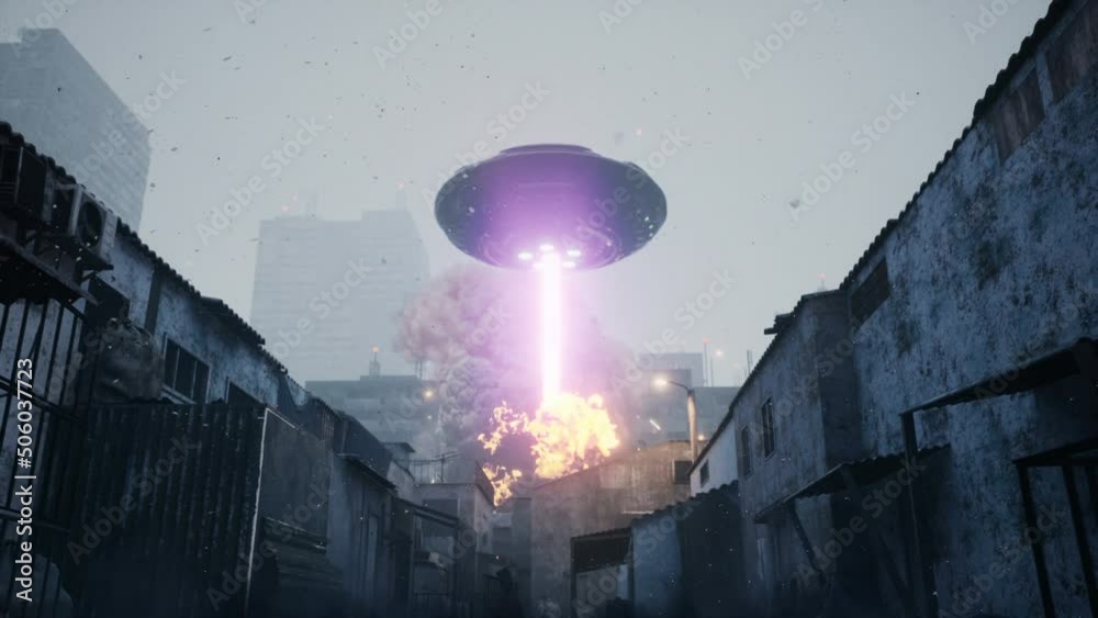 An alien invader ship destroys a city with a powerful laser ...
