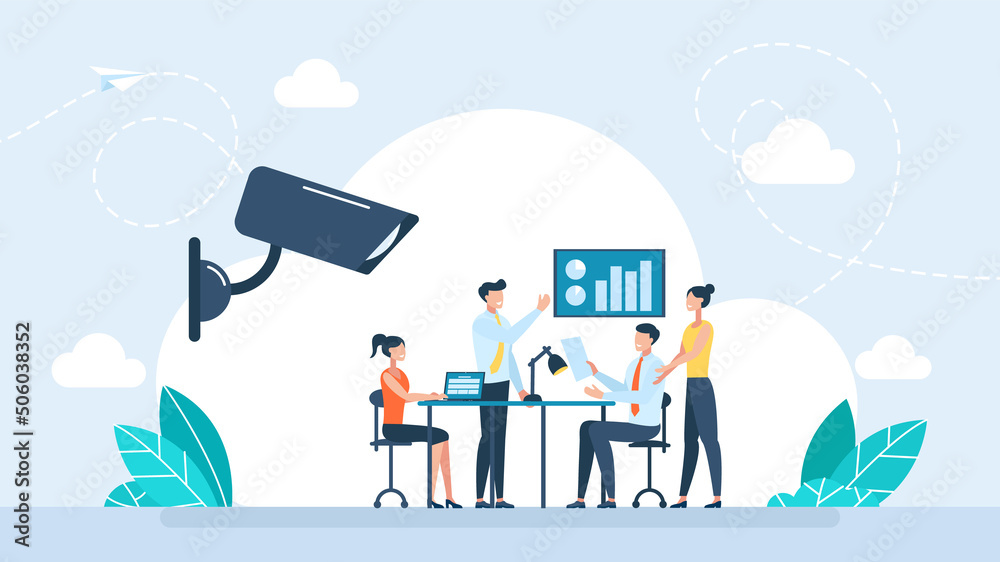 Corporate Control. Vector illustration of a CCTV camera takes pictures ...