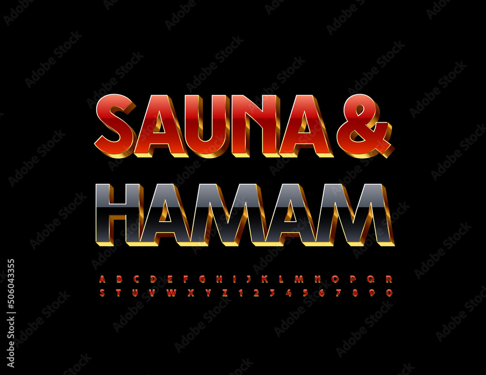 Vector chic banner Sauna and Hamam. Red and Golden 3D Font. Premium set ...