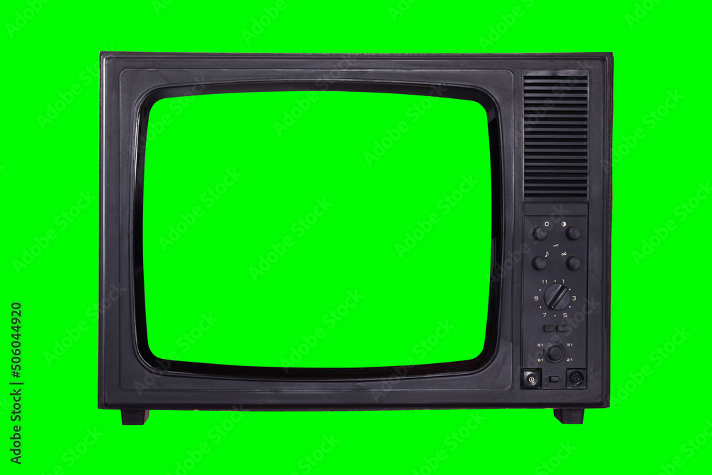 Old vintage TV with green screen for adding video isolated on green ...