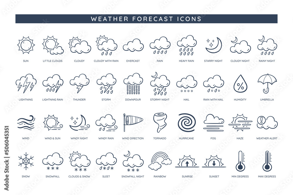 Weather icons. Forecast weather icon collection. 50 doodle icons with ...