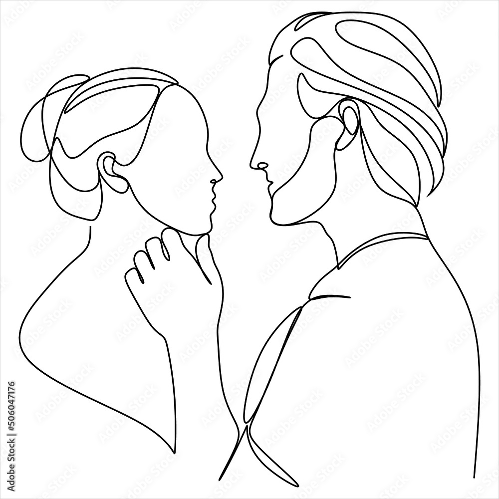 One continuous, single line drawing of a woman and a man. Hugs of a ...