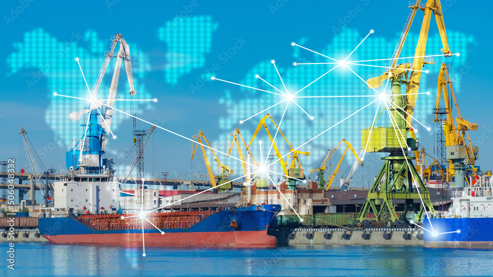 Ship in cargo port. Sea port with cranes for loading. Lines on map are ...