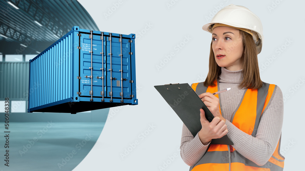 Sea freight container. Woman works as logistician. Blue metal shipping ...