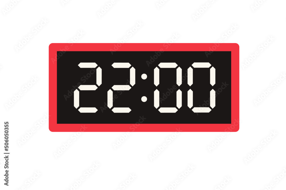 Vector flat illustration of a digital clock displaying 22.00 ...
