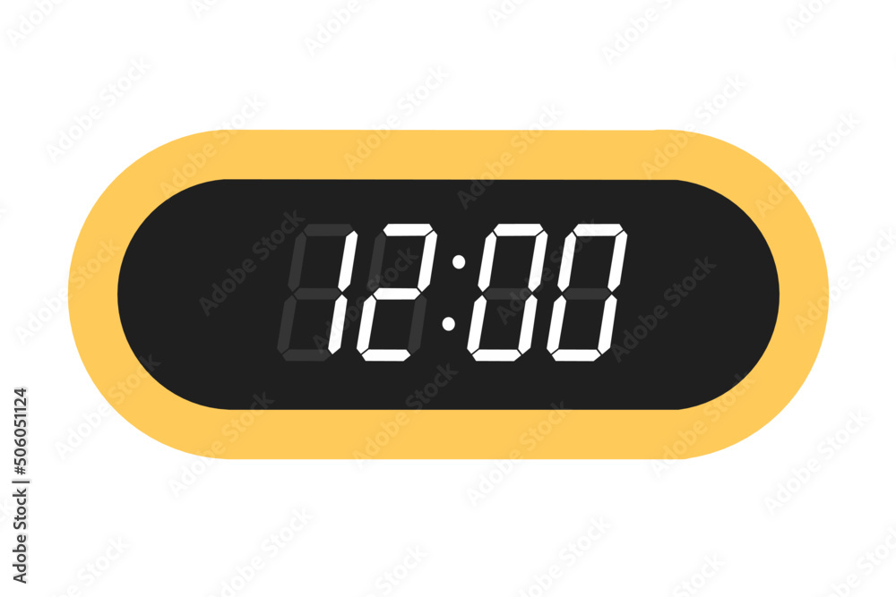 Vector flat illustration of a digital clock displaying 12.00 ...