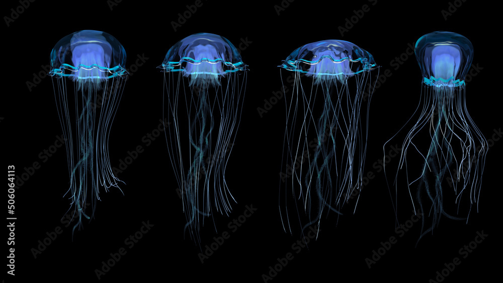 3d blue blue jellyfish swimming in deep ocean shot on side viewYou can ...