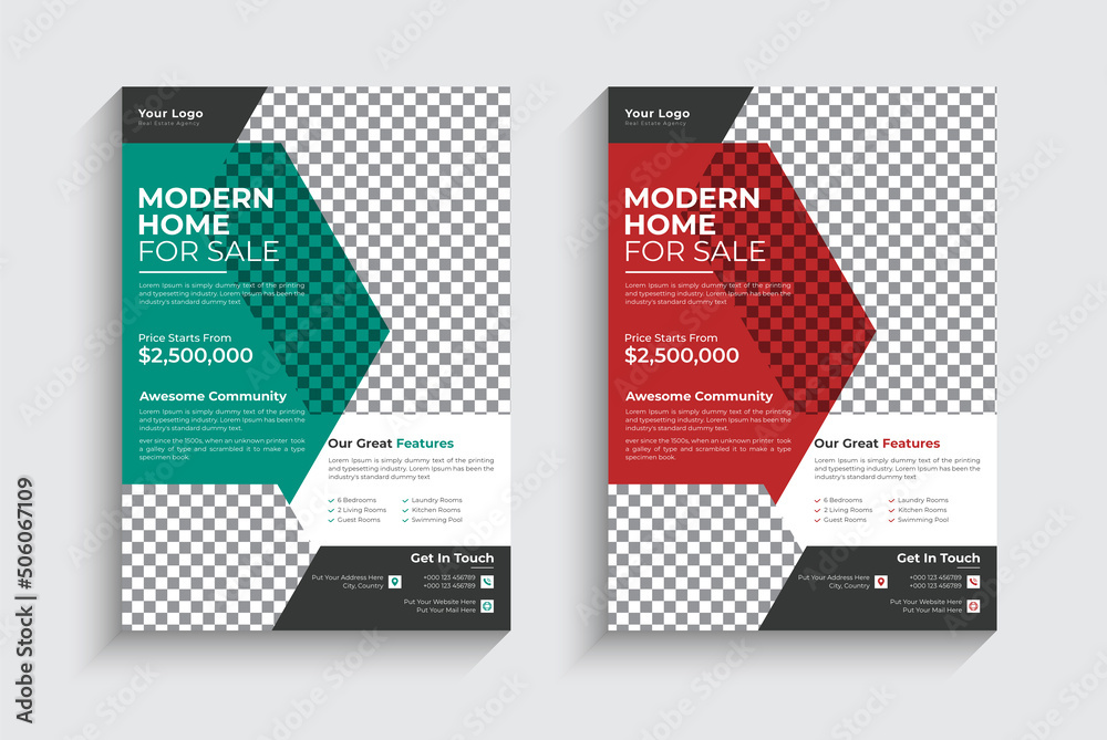 Real Estate Flyer template. modern layout, annual report, poster, red ...