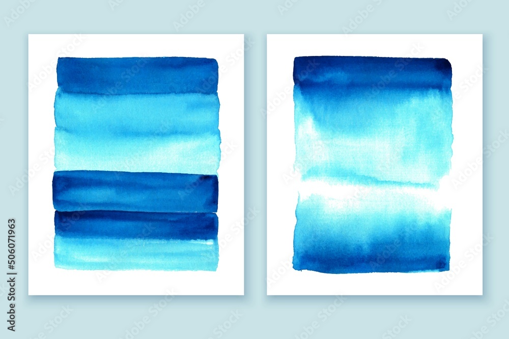 Blue watercolor backgrpunds. Minimal wall art set. Bue brush strokes ...