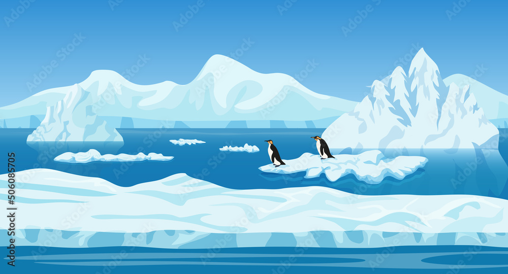 Cartoon ice arctic nature winter landscape with iceberg, snow mountains ...