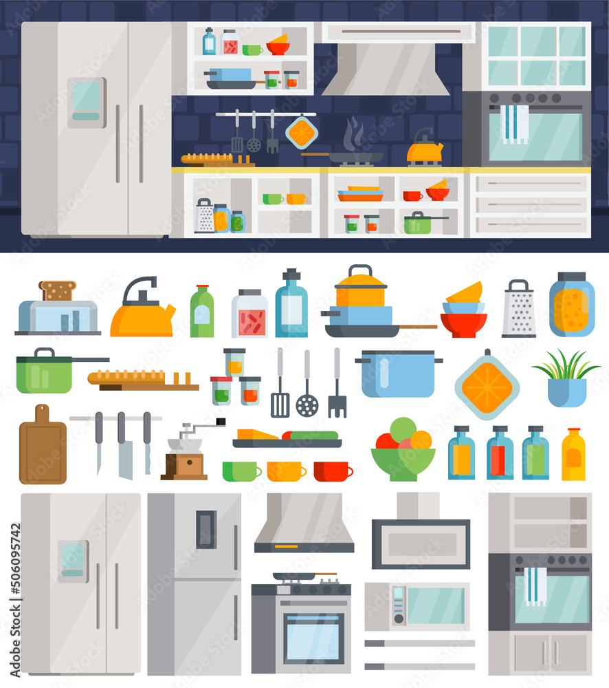 The concept of modern cuisine. A set of furniture, utensils, and ...