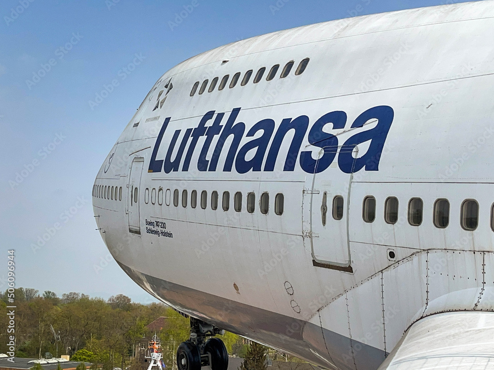 Speyer, Germany - April 2022: Close up view of the front of a Lufthansa ...