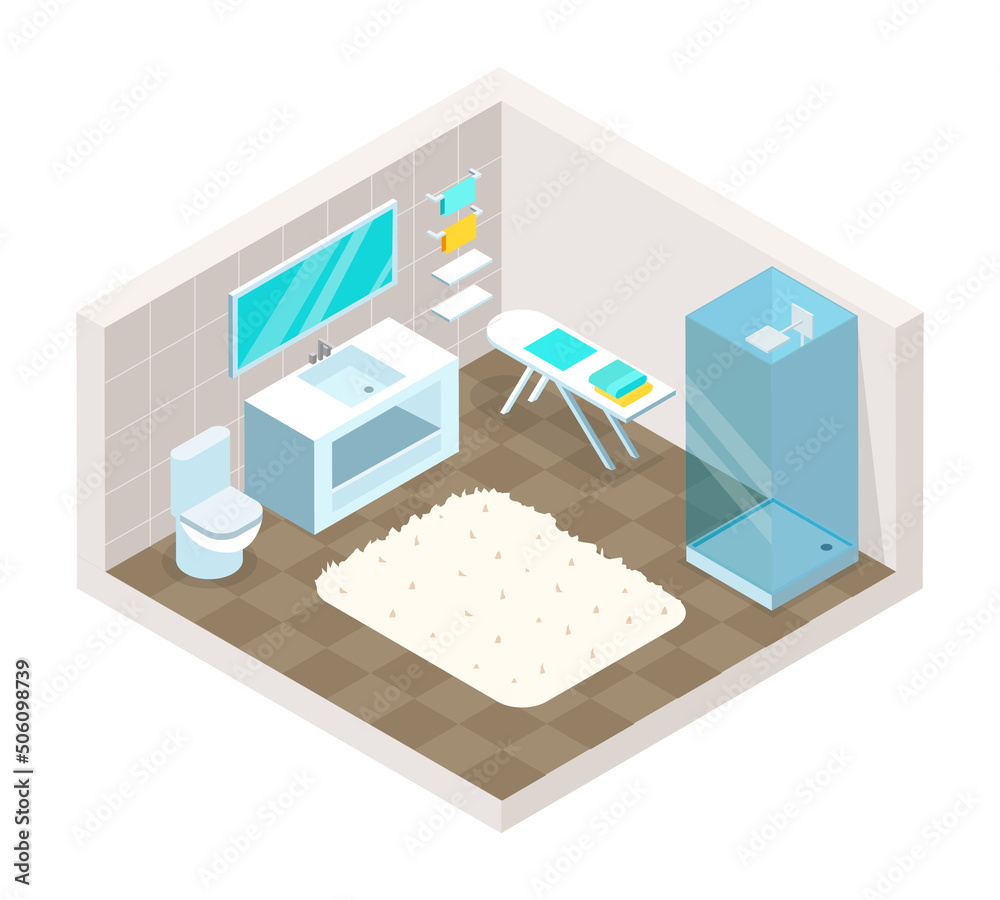 Bathroom isometric set of the interior with bathroom and toilet furniture items. A set of ...