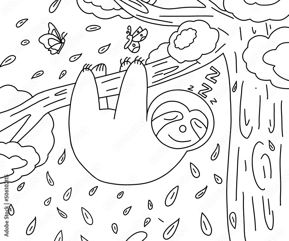 Sloth hanging from the tree coloring pages for kids and adults. Stock ...
