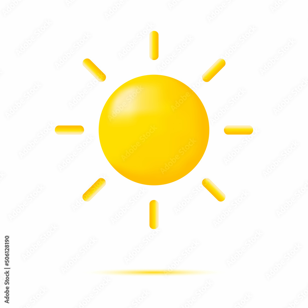 Vetor de Yellow sun with rays render. 3d cartoon weather icon. Glowing ...