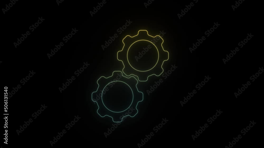 Glowing neon gears icon on black background. clover of a large ...