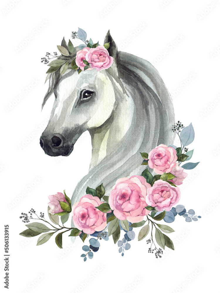 Watercolor cute romantic horse portrait with flowers. Speed arabian ...