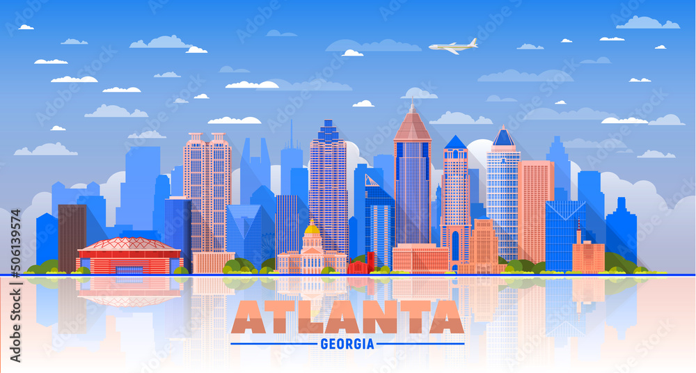 Vetor de Atlanta (Georgia ) city skyline blue sky background. Flat ...
