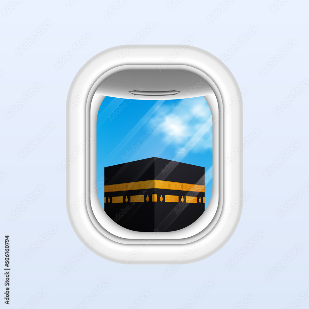 traveling at mecca with kaaba building on the airplane window for umra ...