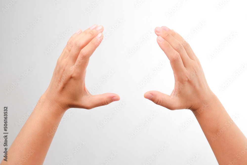 Female hand gesture holding something isolated on white background ...