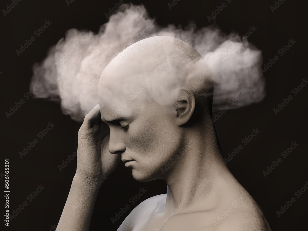Brain fog. Profile of a stressed male figure with fog around his head ...