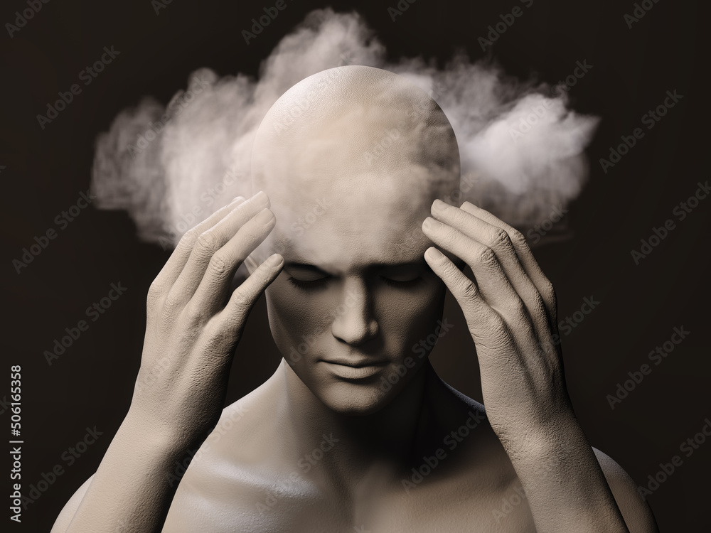 Brain fog. A male figure with her hands clasped at his temples and a ...