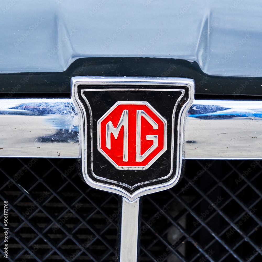 MG emblem and logo of the British car brand on the radiator grille of a ...