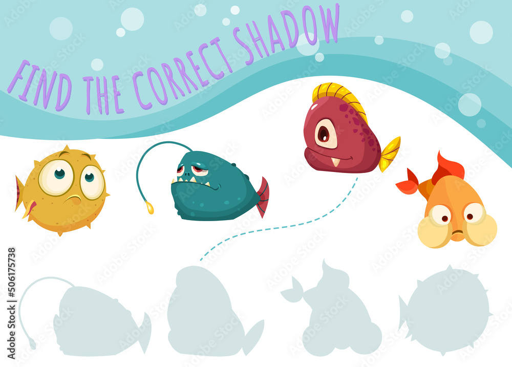 Find the correct shadow, game for kindergarten with funny fish. Cartoon ...