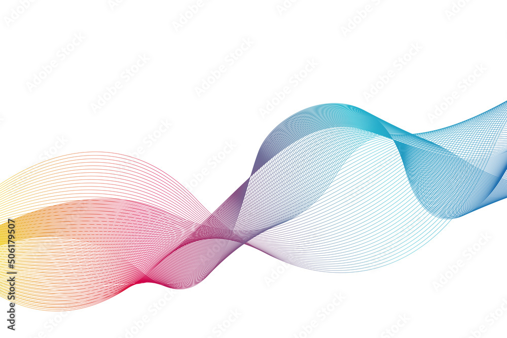 Colorful abstract wave lines simulating a fluid horizontally on a white ...