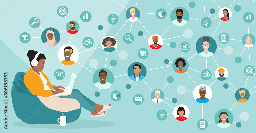 Corporate team working remotely online on project. Young woman, diverse ...