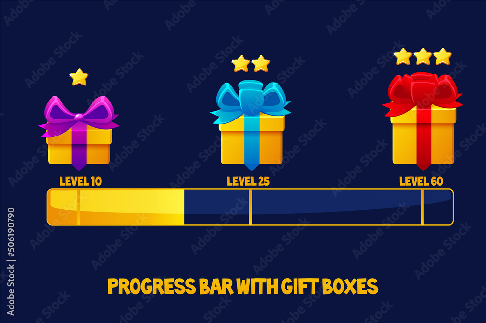 Progress bar with Gift boxes for Game UI Stock Vector | Adobe Stock