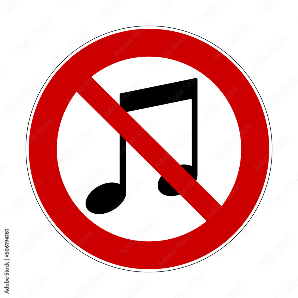 No music sign. Vector illustration of red crossed out circle sign with ...