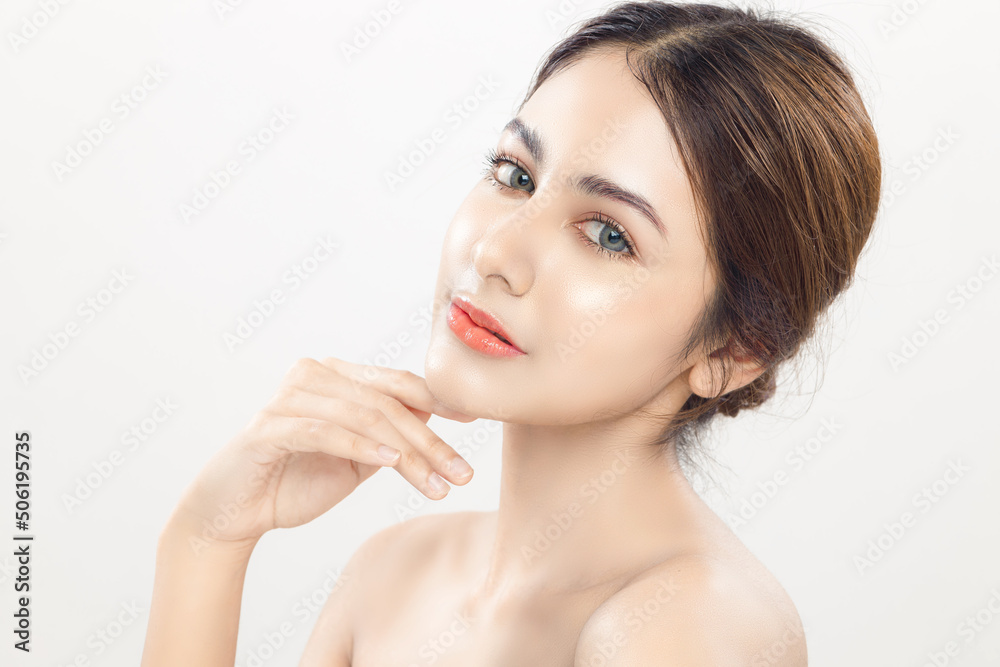 Beautiful woman model with clean fresh skin on white background, Female ...