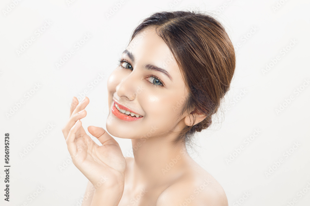 Beautiful woman model with clean fresh skin on white background, Female ...