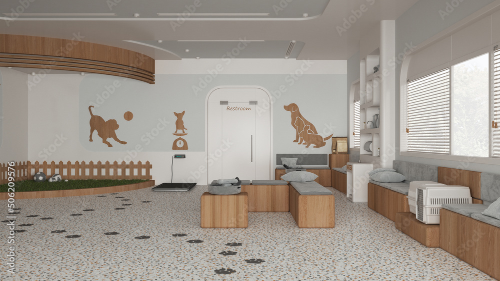 Veterinary clinic interior design in white and wooden tones. Sitting ...