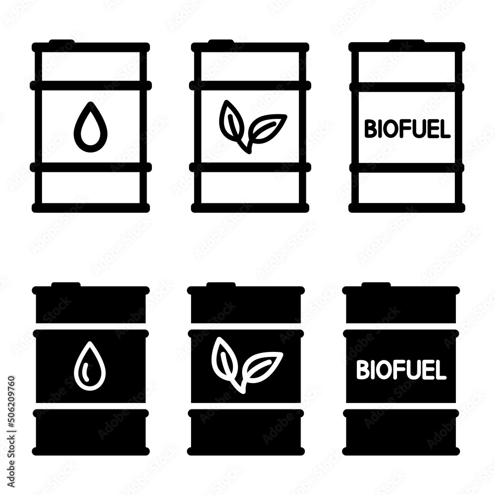 Barrel with biofuels. Biomass energy concept. Set of barrel with eco ...