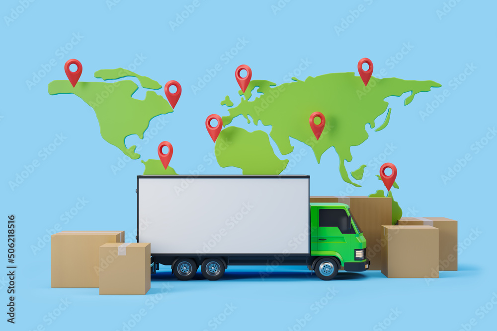 Worldwide map with location pin, cardboard boxes and delivery van ...