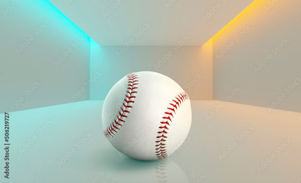 View of softball with white background blue and yellow neon lights are ...