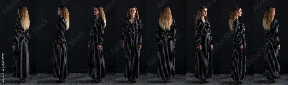 young girl with a slim figure in a black and white striped dress, full ...