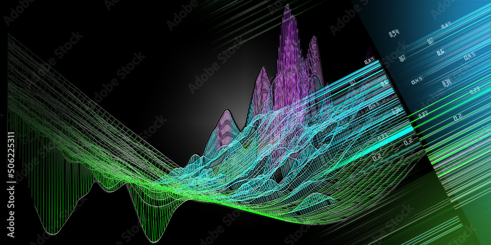 Abstract background with bending color grid and lines on dark. Visual presentation of analytics ...