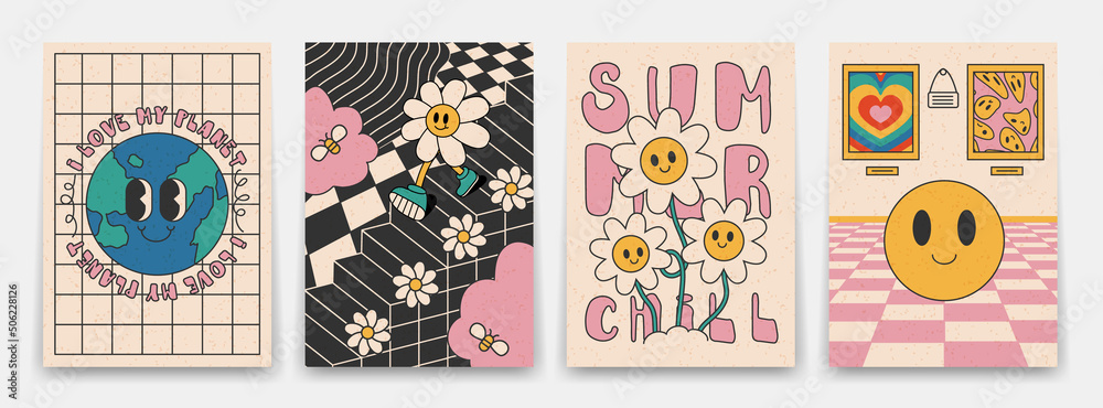 Collection of bright groovy posters 70s. Retro poster with psychedelic ...