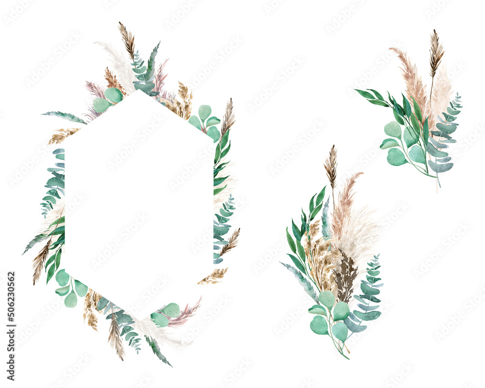 Watercolor pampas grass and eucalyptus set. Hand painted boho floral ...