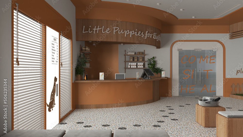 Veterinary hospital waiting room in orange and wooden tones. Reception ...