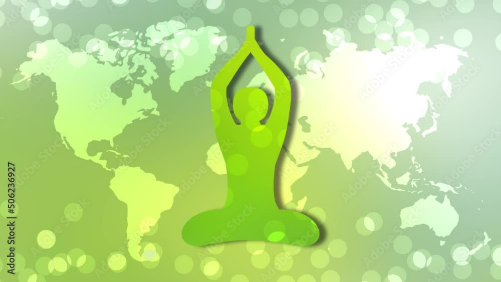 Yoga position on world map with floating circles. Concept for ...