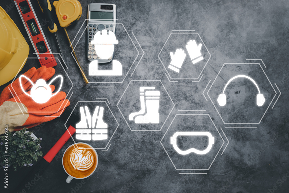 Work safety concept, Top view engineer office with VR screen work ...