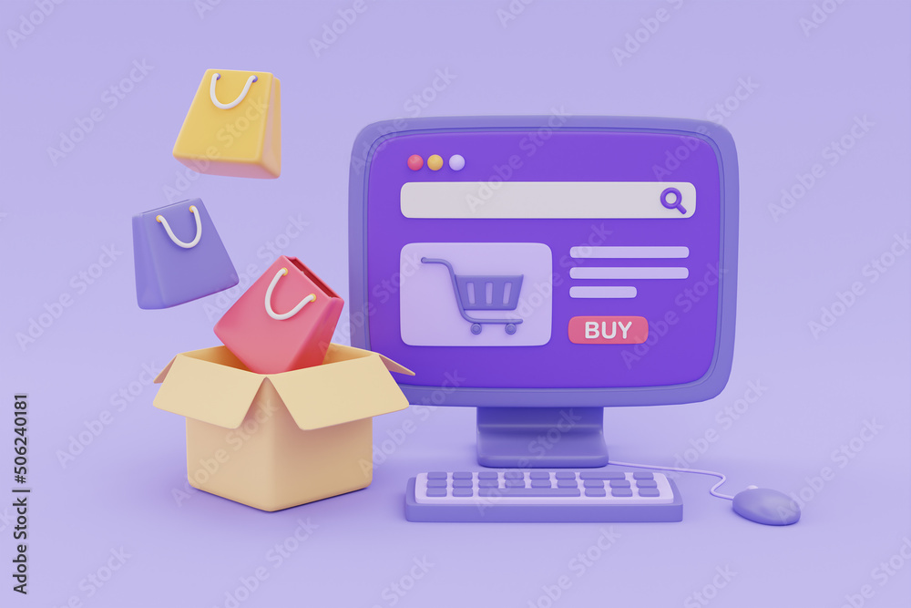 Online shopping store and delivery on computer with parcel boxes on ...
