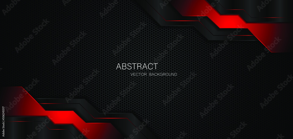 Abstract black and red polygon with red glow lines on dark steel mesh ...