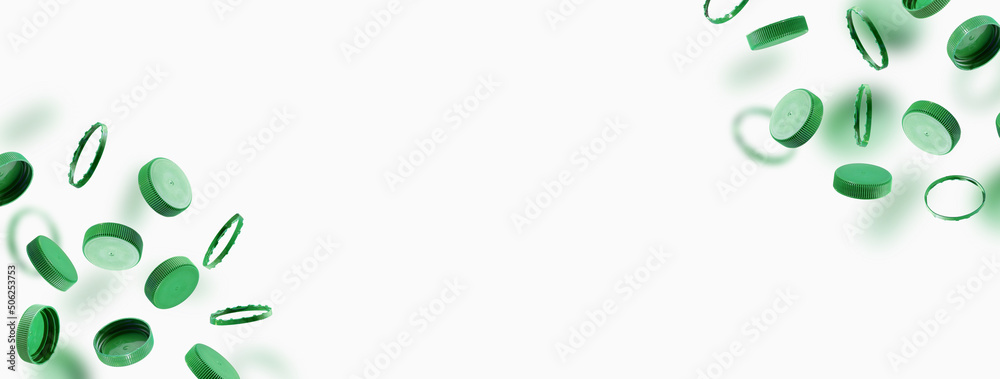 Green bottle caps for recycling on a white background. Plastic caps ...