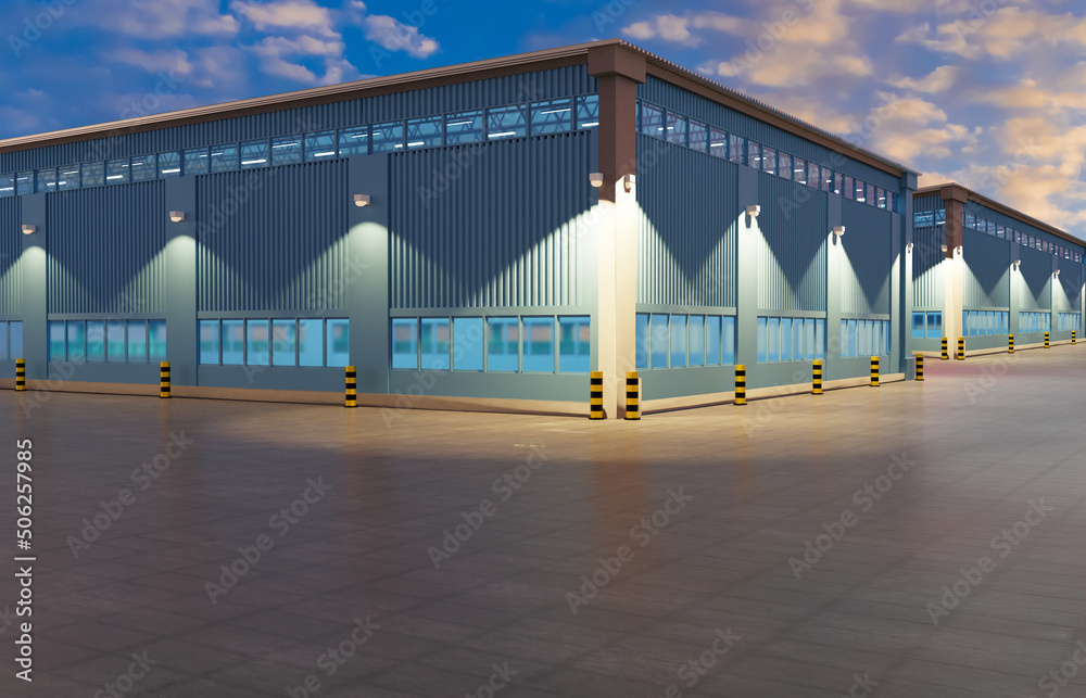 Industrial hangars. Manufacturer construction with blue sky. Hangars of ...