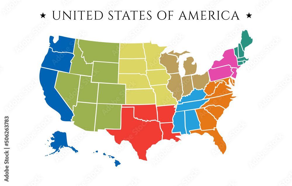 Multicolored map of United States of America with borders, isolated on ...